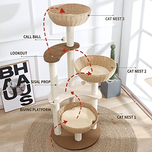 54" Modern Cat Tree Tower for Large Cats, 3Cat Nests Manual Hand Woven Multilevel Huge Paws Pals Cat Tree, Wood Cat Tower, Cat Scratching Tree, Cat Condo, Cat Lover Gift, Real Branch Luxury Cat Condo