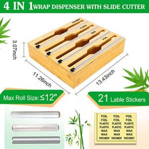 Foil and Plastic Wrap Organizer, 4 in 1 Plastic Wrap Stretch Film Dispenser with Cutter for 12'' Rolls, Storage for Parchment, Wax Paper, Bamboo Roll Organizer Holder for Kitchen Drawer