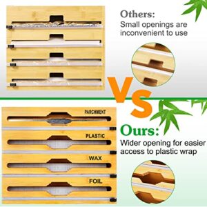 Foil and Plastic Wrap Organizer, 4 in 1 Plastic Wrap Stretch Film Dispenser with Cutter for 12'' Rolls, Storage for Parchment, Wax Paper, Bamboo Roll Organizer Holder for Kitchen Drawer