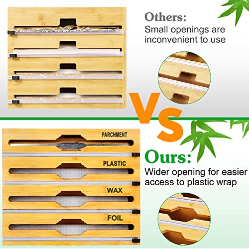 Foil and Plastic Wrap Organizer, 4 in 1 Plastic Wrap Stretch Film Dispenser with Cutter for 12'' Rolls, Storage for Parchment, Wax Paper, Bamboo Roll Organizer Holder for Kitchen Drawer