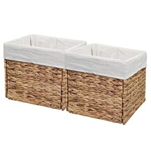 Tegance Water Hyacinth Wicker Storage Baskets, Hand-Woven Cube Storage Baskets with Linings for Shelves,Living Room, Bathroom, Bedroom, 12x12x12 inches, 2 Pack