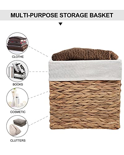 Tegance Water Hyacinth Wicker Storage Baskets, Hand-Woven Cube Storage Baskets with Linings for Shelves,Living Room, Bathroom, Bedroom, 12x12x12 inches, 2 Pack