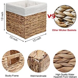 Tegance Water Hyacinth Wicker Storage Baskets, Hand-Woven Cube Storage Baskets with Linings for Shelves,Living Room, Bathroom, Bedroom, 12x12x12 inches, 2 Pack