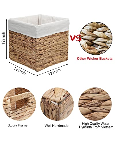 Tegance Water Hyacinth Wicker Storage Baskets, Hand-Woven Cube Storage Baskets with Linings for Shelves,Living Room, Bathroom, Bedroom, 12x12x12 inches, 2 Pack