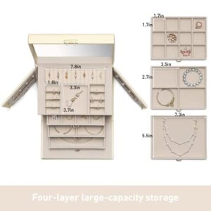 Vlando Velvet Jewelry Organizer Box for Women, Large Leather Jewelry Storage Box with Locked, Mirrored, 3 Drawer for Watch Necklace Ring Earring Storage, Gift for Girl Women and Mom - Apricot White