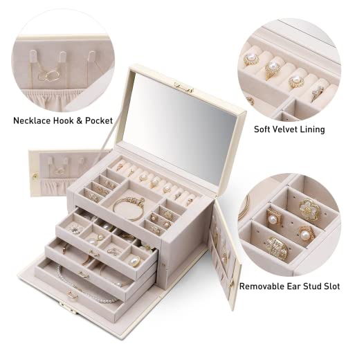 Vlando Velvet Jewelry Organizer Box for Women, Large Leather Jewelry Storage Box with Locked, Mirrored, 3 Drawer for Watch Necklace Ring Earring Storage, Gift for Girl Women and Mom - Apricot White