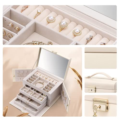 Vlando Velvet Jewelry Organizer Box for Women, Large Leather Jewelry Storage Box with Locked, Mirrored, 3 Drawer for Watch Necklace Ring Earring Storage, Gift for Girl Women and Mom - Apricot White