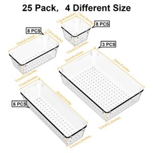 25 PCS Drawer Organizer Set Clear Plastic Acrylic Organizers Desk Drawer Dividers Trays 4 Different Sizes Large Capacity Bathroom Drawer Organizer for Makeup, Jewelries, Kitchen Utensils and Office