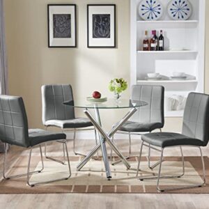 5 Pieces, Dinner Table Set for 4, Dining Table Set for 4, 1 Round Glass Dining Table and 4 Faux Leather Kitchen Chairs for Dining Room, Small Space, Apartment, Living Room, Chrome Metal Legs, Grey