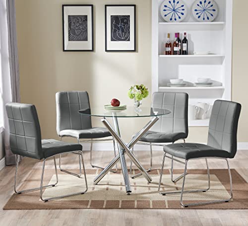 5 Pieces, Dinner Table Set for 4, Dining Table Set for 4, 1 Round Glass Dining Table and 4 Faux Leather Kitchen Chairs for Dining Room, Small Space, Apartment, Living Room, Chrome Metal Legs, Grey