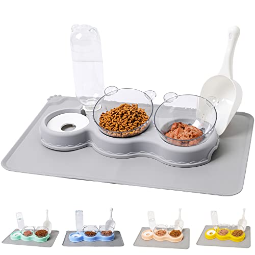 LKSTK Grey Triple Cat Bowl with Waterproof Mat and Scoop, 15°Tilted Raised Cat Food Bowl, Pets Water and Food Bowl Set with Automatic Water Bottle, Wet and Dry Food Bowl for Cat & Small Dog