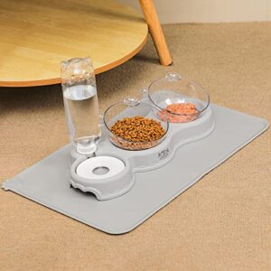 LKSTK Grey Triple Cat Bowl with Waterproof Mat and Scoop, 15°Tilted Raised Cat Food Bowl, Pets Water and Food Bowl Set with Automatic Water Bottle, Wet and Dry Food Bowl for Cat & Small Dog