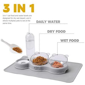 LKSTK Grey Triple Cat Bowl with Waterproof Mat and Scoop, 15°Tilted Raised Cat Food Bowl, Pets Water and Food Bowl Set with Automatic Water Bottle, Wet and Dry Food Bowl for Cat & Small Dog