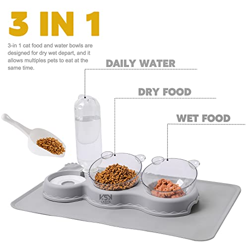 LKSTK Grey Triple Cat Bowl with Waterproof Mat and Scoop, 15°Tilted Raised Cat Food Bowl, Pets Water and Food Bowl Set with Automatic Water Bottle, Wet and Dry Food Bowl for Cat & Small Dog