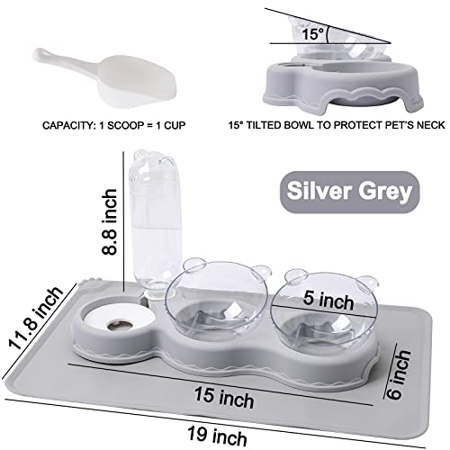 LKSTK Grey Triple Cat Bowl with Waterproof Mat and Scoop, 15°Tilted Raised Cat Food Bowl, Pets Water and Food Bowl Set with Automatic Water Bottle, Wet and Dry Food Bowl for Cat & Small Dog