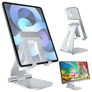 tablet stand, portable monitor stand, adjustable & foldable aluminium kindle stand holder, compatible with 2023 ipad air 5/4, ipad mini 6/5, ipad 10.2, ipad pro 12.9/11, phones (4-13 inch),silver