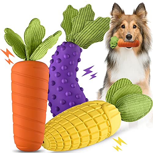 PETSTA Squeaky Dog Toys for Aggressive Chewer Large Medium Small Breed Dog, Tough Durable Dog Chew Toys with Non-Toxic Natural Rubber for Teething (Corn-Eggplant-Radish)