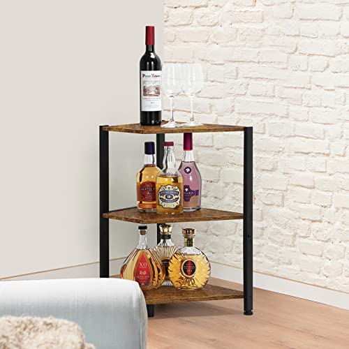 SHINOSKE 3-Tier Corner Shelf, Multipurpose Storage Cabinet Organizer Rack Stand, Wood Storage Stand with Metal Frame,Plant Stand for Living Room, Home Office, Kitchen, Small Space,Brown