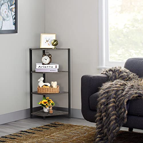 Corner Shelf,4 Tier Corner Bookshelf Bookcase,Freestanding Corner Shelf Stand,Wood Storage Stand with Metal Frame for Small Space,Entryway,Home Office,Grey(15.87x12x34.5 inch)