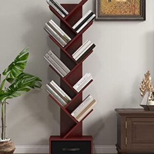 Panana Tree Bookshelf with Drawer, 8-Tier Wooden Storage Rack Wisdom Tree Book Holder Bookshelves Organizer for Living Room, Bedroom, Home Office (Cherry)