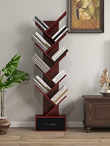 Panana Tree Bookshelf with Drawer, 8-Tier Wooden Storage Rack Wisdom Tree Book Holder Bookshelves Organizer for Living Room, Bedroom, Home Office (Cherry)