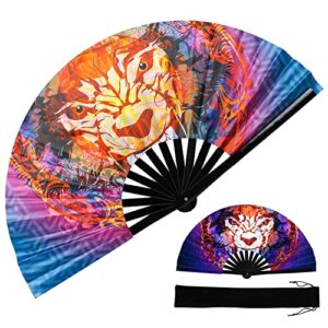 trendbox large folding hand fan, uv glow fan for rave, festival folding hand fan for women men with velvet bag for decorations, party, dance and music festival - wolf