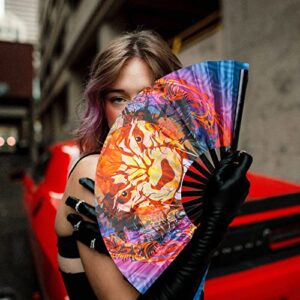 TRENDBOX Large Folding Hand Fan, UV Glow Fan for Rave, Festival Folding Hand Fan for Women Men with Velvet Bag for Decorations, Party, Dance and Music Festival - Wolf