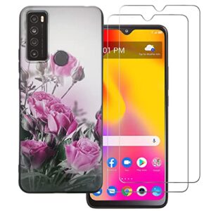 [2-pack] tznzxm for tcl 30 xl tempered glass screen protector,tcl 30 xl case, tcl 30 xl phone case, rose painting design flexible tpu non-slip back cover rubber slim case for tcl 30 xl (t701dl)