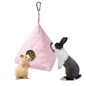 rabbit hay feeder bag，bunny hay feeder bag, guinea pigs feeder bag, hanging soft burlap feeder bag with 3 holes for rabbit, bunny, guinea pigs ,hamster and other similar size animals (pink)