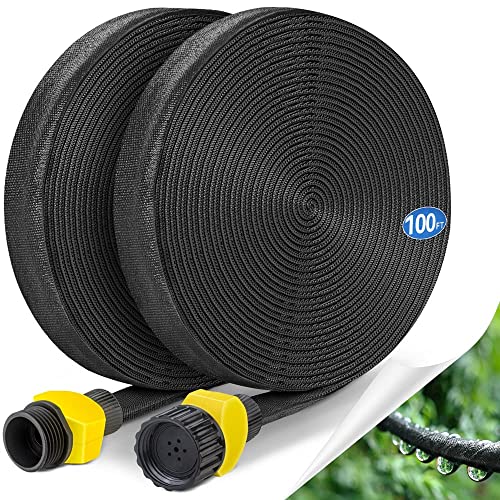 Winisok Flat Garden Soaker Hose 100FT(50Ft x 2Pack), Heavy Duty Double Layer Drip Hose - Save70% Water Flexible Watering Hose for Lawn, Garden Beds