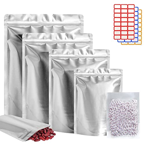 120 pcs Mylar Bags for Food Storage- Food Storage Bag with Oxygen Absorbers(300cc) - 1 Gallon( 20 pcs), 2 Quart(25 pcs), 1 Quart(35 pcs), 1/2 Pint( 40 pcs) with 125 labels - Heat Resalable Mylar Bags - Leak-proof Smell Proof Bags