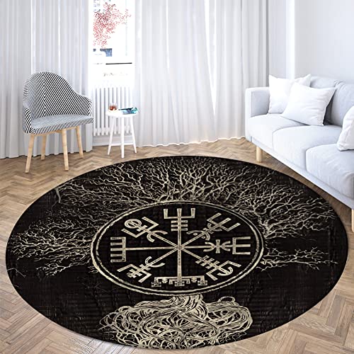 PBTMCD Vikings 3D Print Pattern Area Rug Round Floor Protection Mat, Living Room Carpet Floor Mats Anti-Skid Backing Home Decorate Carpet Doormat Chair Cushion,Viking Compass,160x160cm