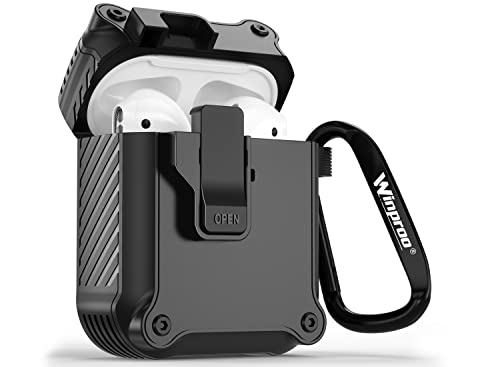 Winproo Armor Airpods 2nd & 1st Generation Case Cover with Lock Clip, Military Hard Shell Full-Body Shockproof Protective Case Skin with Keychain for Airpods 2nd & 1st Gen [Black]