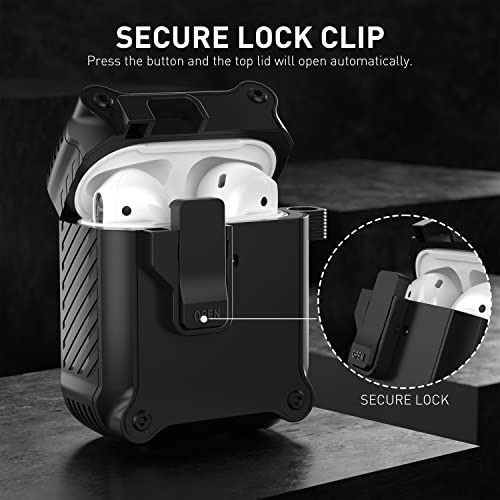 Winproo Armor Airpods 2nd & 1st Generation Case Cover with Lock Clip, Military Hard Shell Full-Body Shockproof Protective Case Skin with Keychain for Airpods 2nd & 1st Gen [Black]