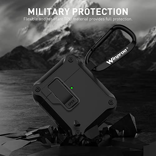 Winproo Armor Airpods 2nd & 1st Generation Case Cover with Lock Clip, Military Hard Shell Full-Body Shockproof Protective Case Skin with Keychain for Airpods 2nd & 1st Gen [Black]