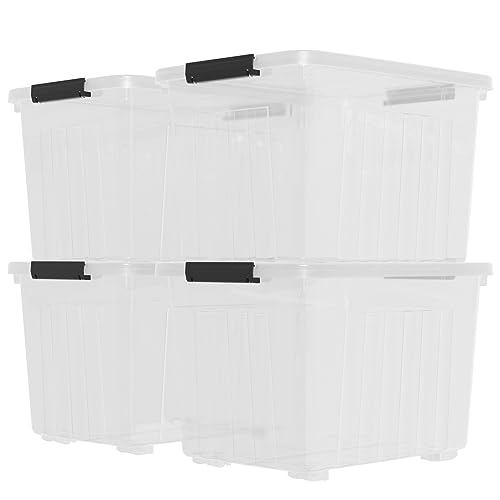 Sosody 70L Large Plastic Storage Box, Clear Latching Bin with Lid and Wheels, 4 Packs