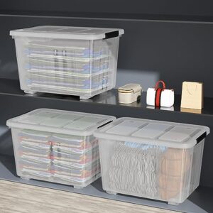 Sosody 70L Large Plastic Storage Box, Clear Latching Bin with Lid and Wheels, 4 Packs