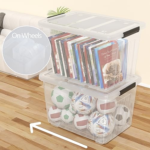 Sosody 70L Large Plastic Storage Box, Clear Latching Bin with Lid and Wheels, 4 Packs