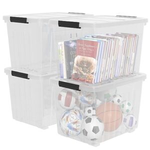 Sosody 70L Large Plastic Storage Box, Clear Latching Bin with Lid and Wheels, 4 Packs