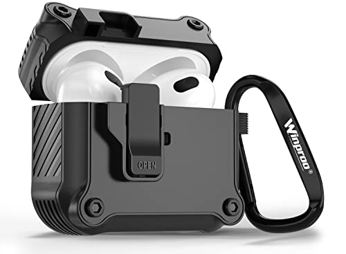 Winproo Armor Airpods 3rd Generation Case Cover with Lock Clip, Military Hard Shell Full-Body Shockproof Protective Case Skin with Keychain for Airpods 3rd Gen [Black]