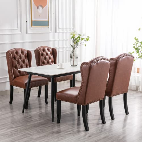 HEAH-YO Refined Upholstered Dining Chairs Set of 6, Armless Kitchen Chairs with Wood Legs and Copper Nails, Tufted PU Fabric Side Chairs for Kitchen and Dining Room, Brown