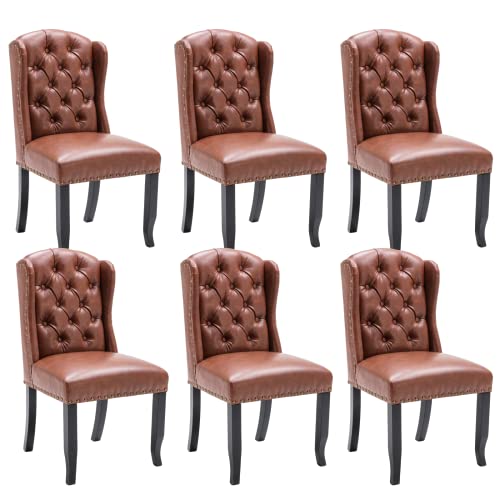 HEAH-YO Refined Upholstered Dining Chairs Set of 6, Armless Kitchen Chairs with Wood Legs and Copper Nails, Tufted PU Fabric Side Chairs for Kitchen and Dining Room, Brown