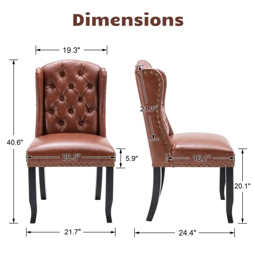 HEAH-YO Refined Upholstered Dining Chairs Set of 6, Armless Kitchen Chairs with Wood Legs and Copper Nails, Tufted PU Fabric Side Chairs for Kitchen and Dining Room, Brown