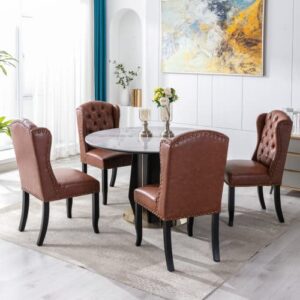 HEAH-YO Refined Upholstered Dining Chairs Set of 6, Armless Kitchen Chairs with Wood Legs and Copper Nails, Tufted PU Fabric Side Chairs for Kitchen and Dining Room, Brown