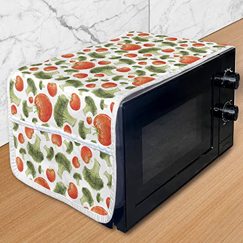 Lunarable Vegetables Microwave Oven Cover, Green Life Broccoli and Tomato Watercolor Cooking Vegetarian Theme, Water Resistant Organizer with Pockets for Kitchen, 36" x 12", Reseda Green and Scarlet