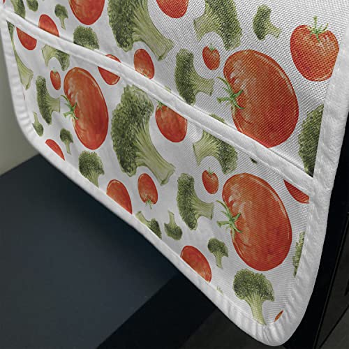 Lunarable Vegetables Microwave Oven Cover, Green Life Broccoli and Tomato Watercolor Cooking Vegetarian Theme, Water Resistant Organizer with Pockets for Kitchen, 36" x 12", Reseda Green and Scarlet