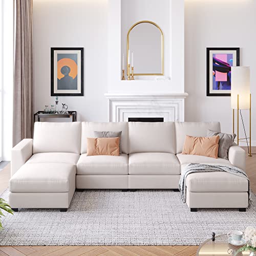 P PURLOVE Modern Large Sectional Sofa, U Shape Upholstered Couch, Sofa sectionals for Living Room with Removable Ottomans, for Living Room Apartment, Beige