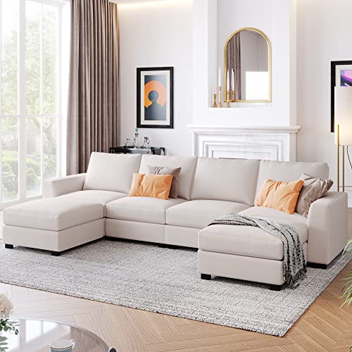 P PURLOVE Modern Large Sectional Sofa, U Shape Upholstered Couch, Sofa sectionals for Living Room with Removable Ottomans, for Living Room Apartment, Beige