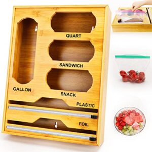 fubegi ziplock bag storage organizer and plastic wrap stretch film dispenser with cutter, 6 in 1 bamboo ziplock bag organizer for gallon, quart, sandwich, snack kitchen drawer organizer