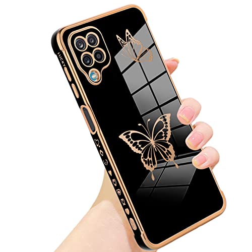 OOK Compatible with Galaxy A12 Case Luxury Plating Edge Bumper Case with Full Camera Lens Protection Cute Butterfly Pattern Cover for Samsung Galaxy A12 6.5 Inch for Women Girl(Black)